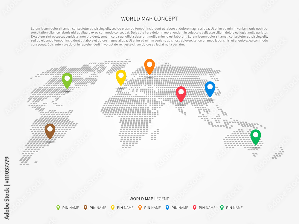 Perspective world map infographic with colorful pointers vector ...