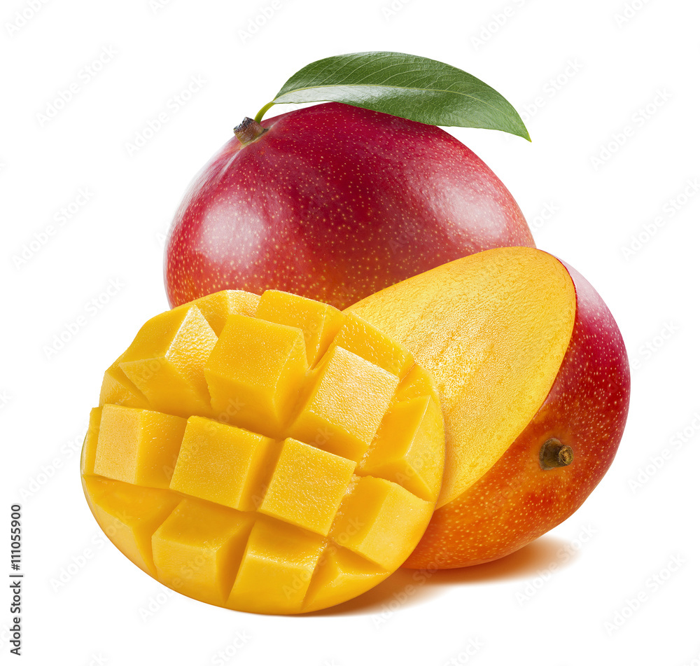 Peach mango long slices isolated on white background as package design ...