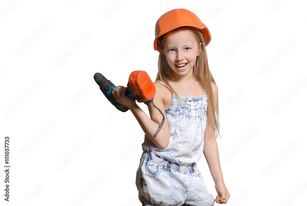 Little Engineer, Little girl wearing the construction helmet, is ...