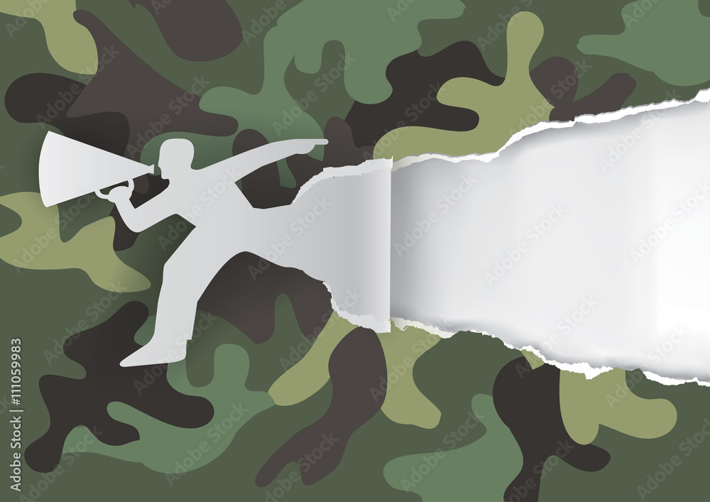 Man with megaphone camouflage background. Man advertises or sells ...