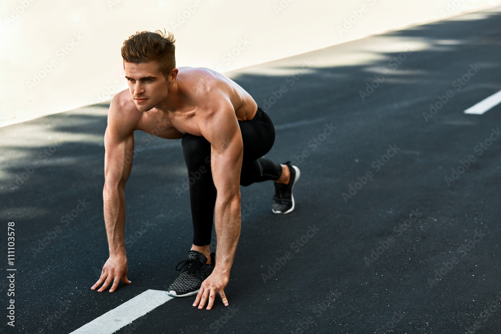 Sports. Healthy Athletic Man With Fit Muscular Body In Starting ...