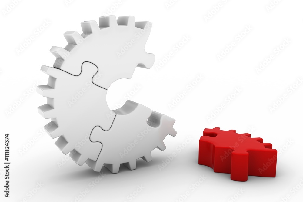 White Jigsaw Puzzle Cog Wheel with Red Piece on Floor - 3D Illustration ...