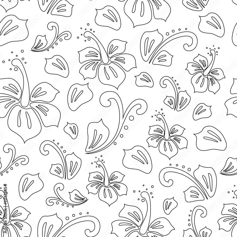 Seamless Pattern Of Hibiscus Flower With Outline And White Background ...