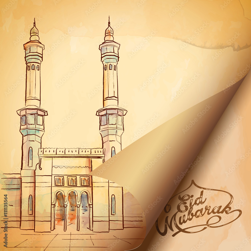 Eid Mubarak islamic greeting design with haram mosque sketch Stock ...
