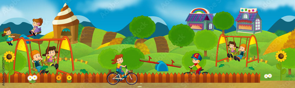 Cartoon scene of kids playing in the funfair - illustration for ...