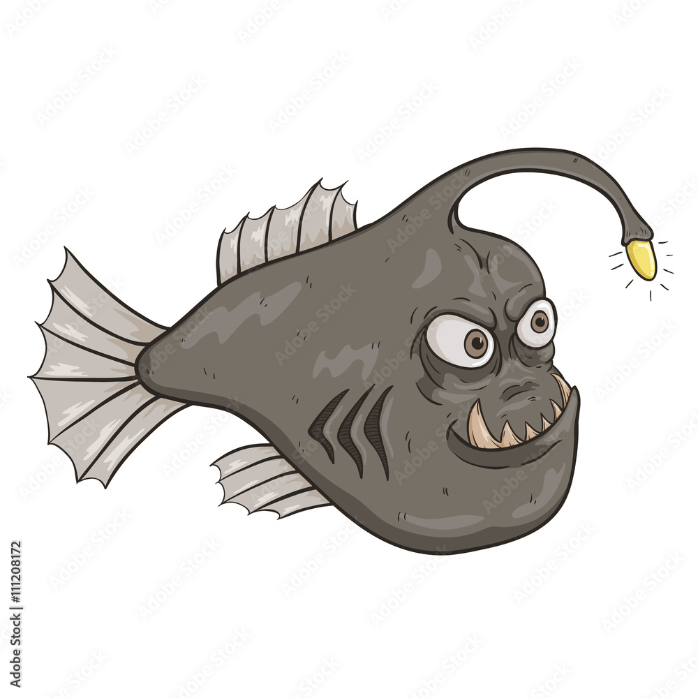 Funny Angler Fish Or Monkfish Look At His Light With Color And Outline ...