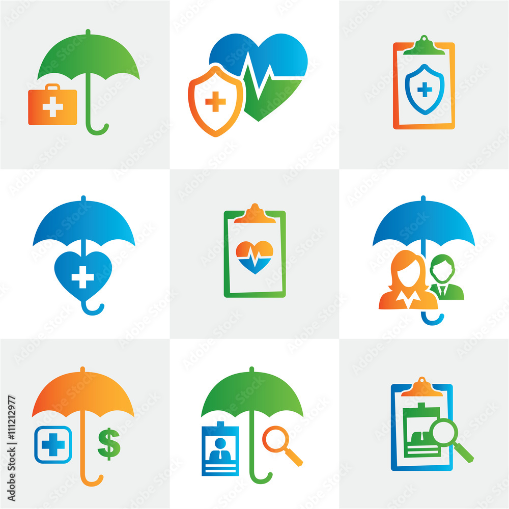 Medical Healthcare Insurance Icons with People Figures and Heart, EKG ...