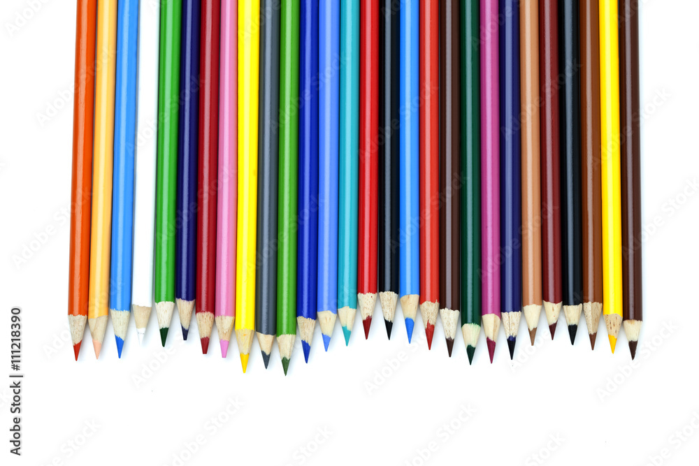 view of colored pencil arranged orderly over white background. Stock ...