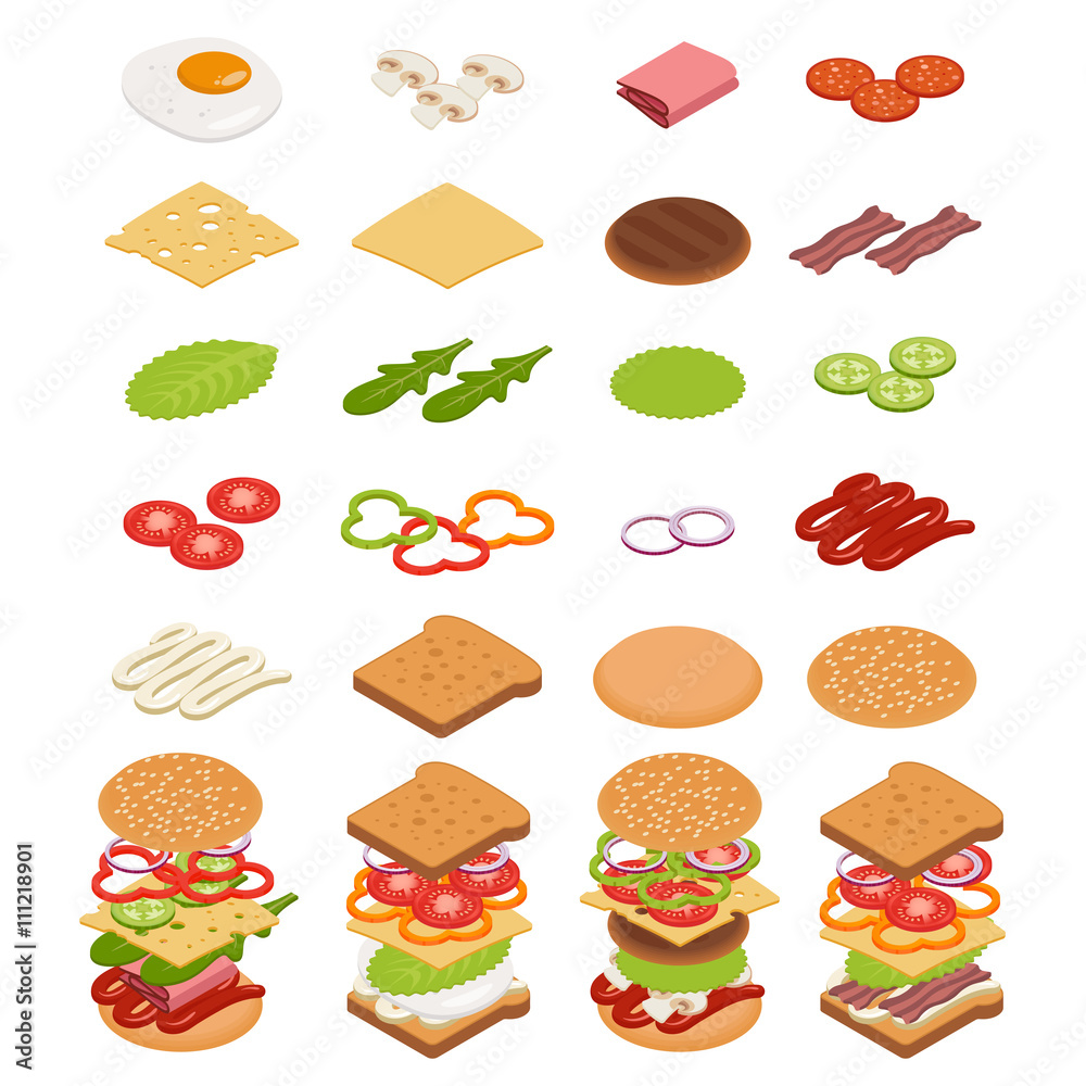 Isometric ingredients for burgers and sandwiches. Stock Vector | Adobe ...