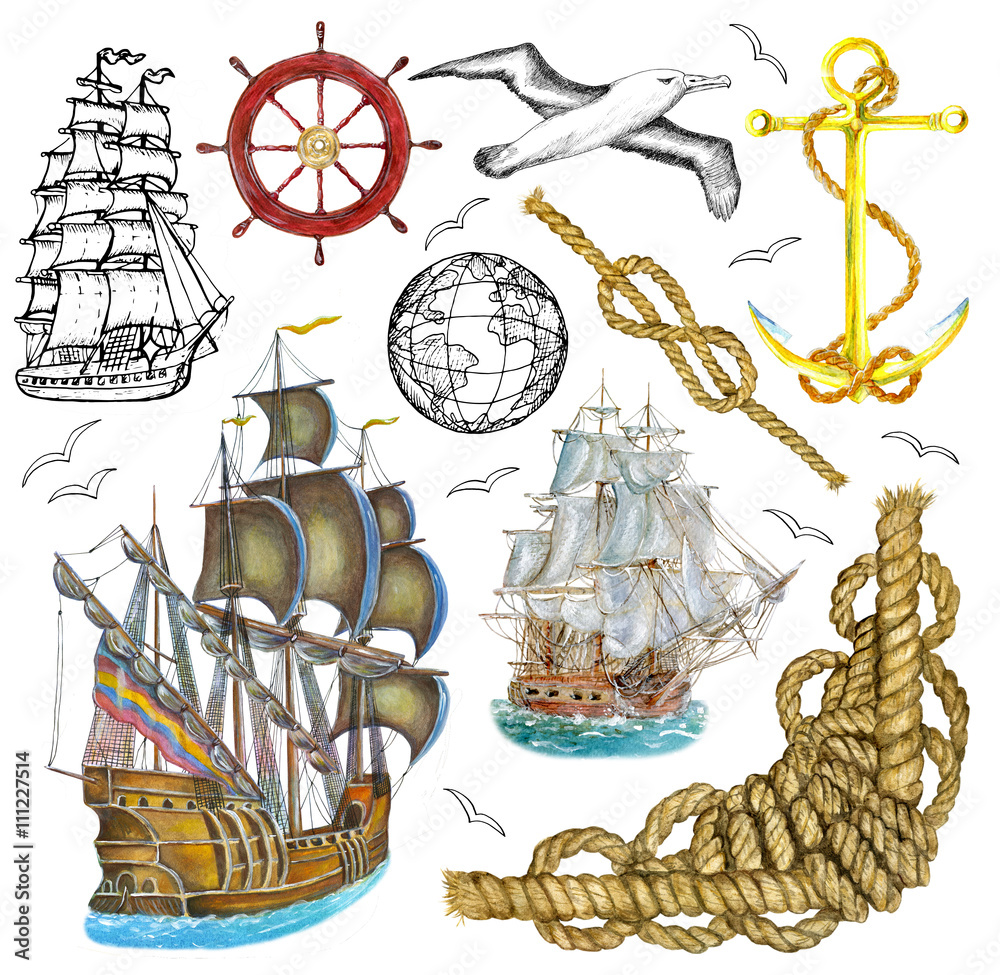 Set with ships and sea objects isolated Stock Illustration | Adobe Stock