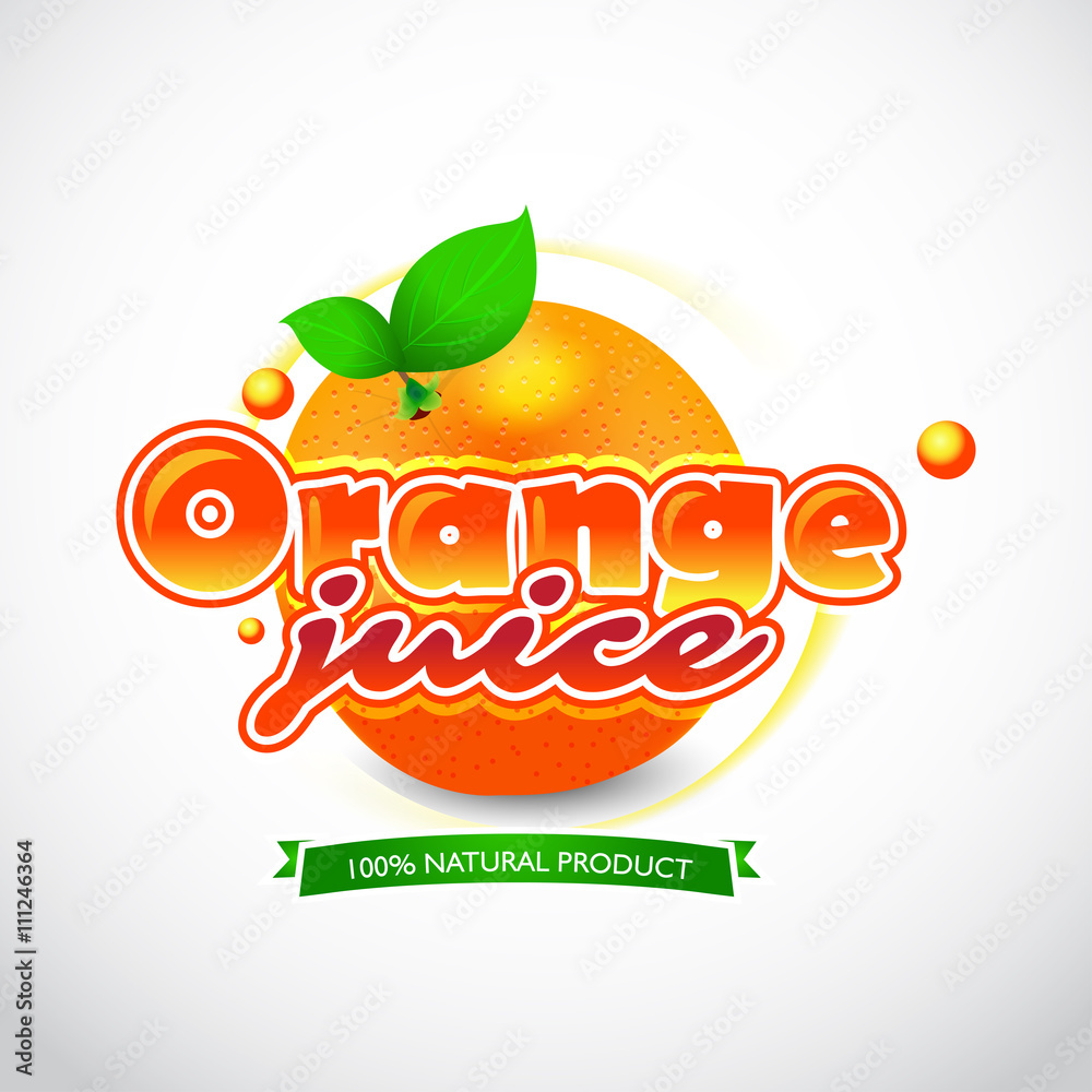Orange juice label Blot and lettering with ribbon on white background ...