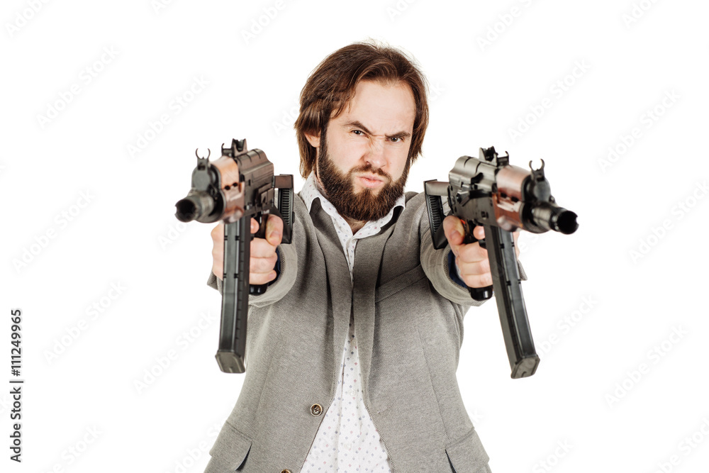 man holding a machine gun isolated on white background Stock Photo ...