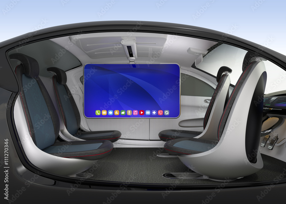 Autonomous car interior concept. Ceiling-mounted monitor help business ...