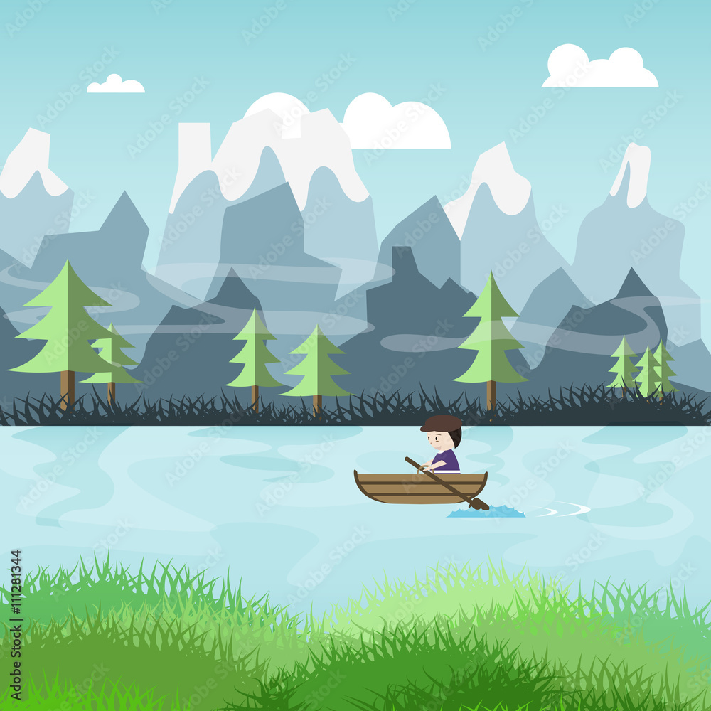 cartoon people paddle on the river with nature landscape illustration ...