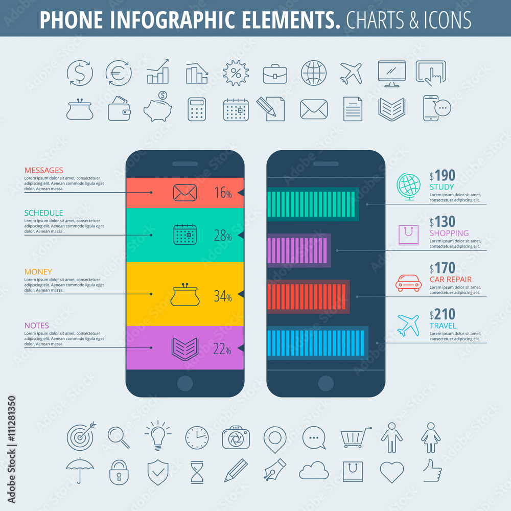 Infographic elements and business icons set. Flat line illustration of ...