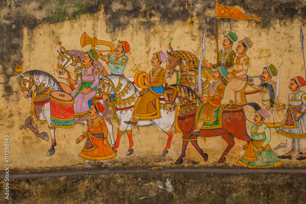 Traditional ancient stile indian wall painting on the old plastered ...