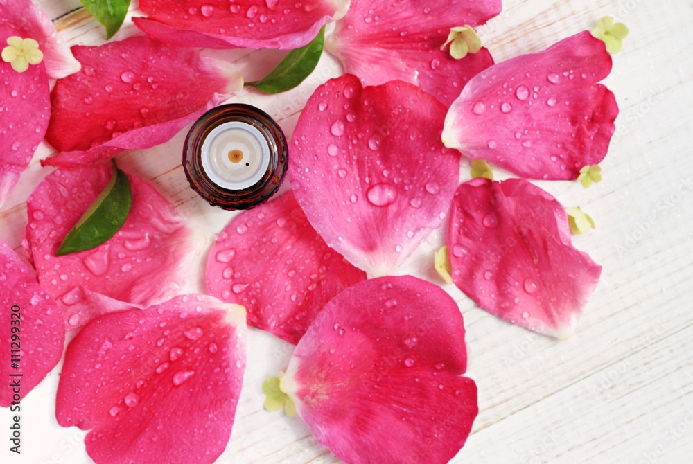 Essential rose oil bottle, pink fresh petals water-drops scattered ...