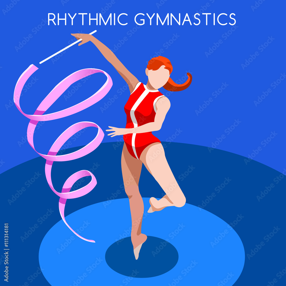 Rhythmic Gymnastics Ribbon Summer Games Icon Set.3D Isometric Gymnast ...