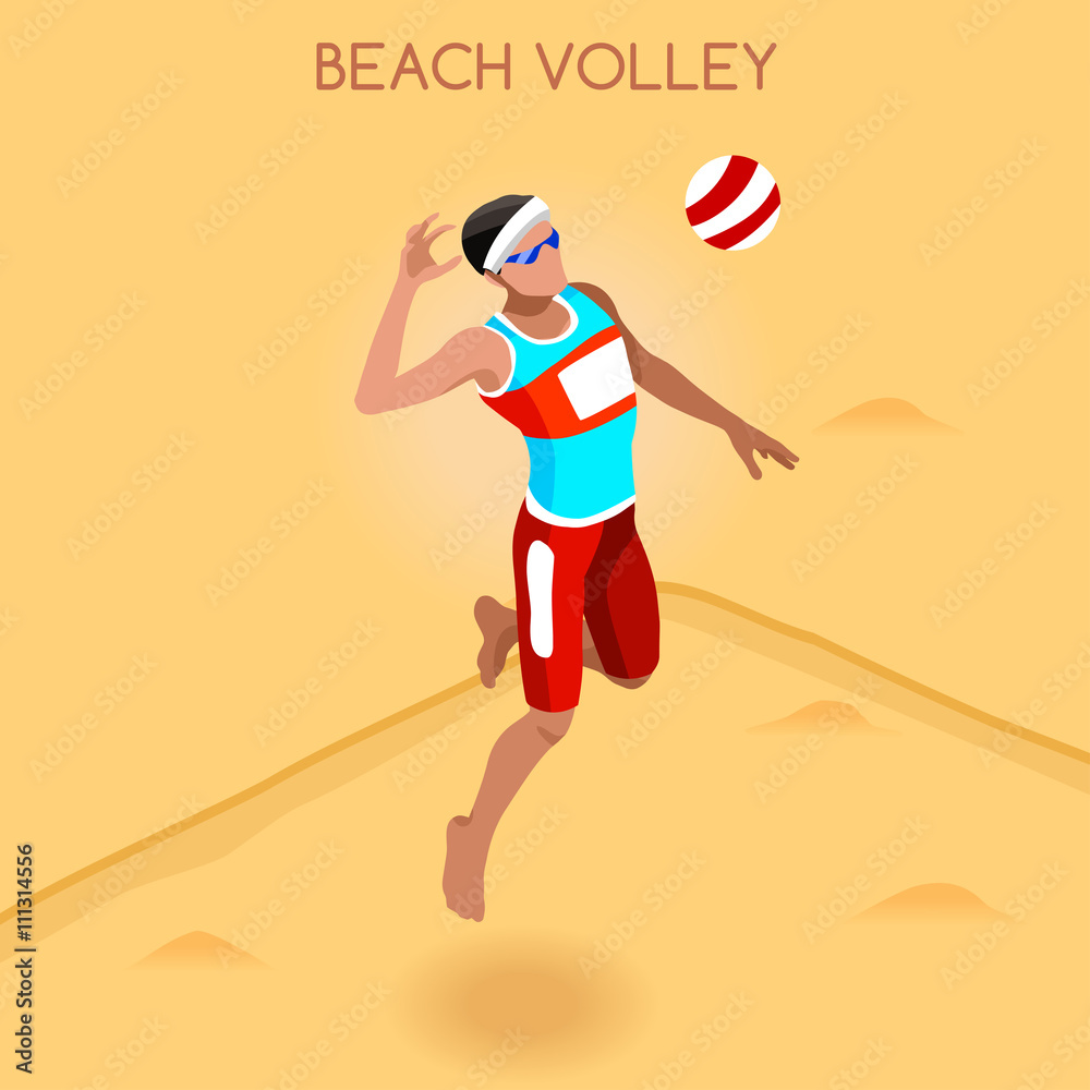 Vetor de Beach Volley Player Summer Games Icon Set.3D Isometric Beach ...