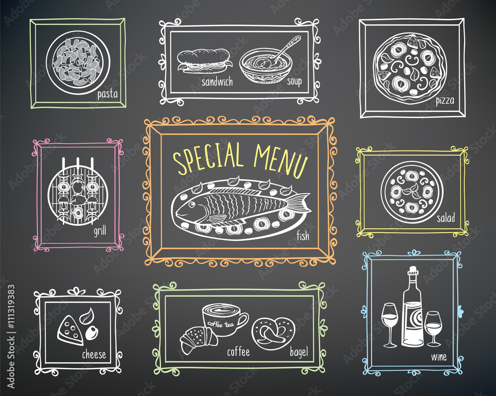 Set of elements for restaurant menu, cafe, pizzeria. Festive menu. Hand ...