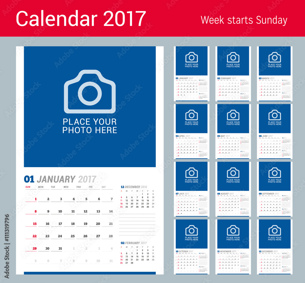 Wall Monthly Calendar for 2017 Year. Vector Design Print Template with ...