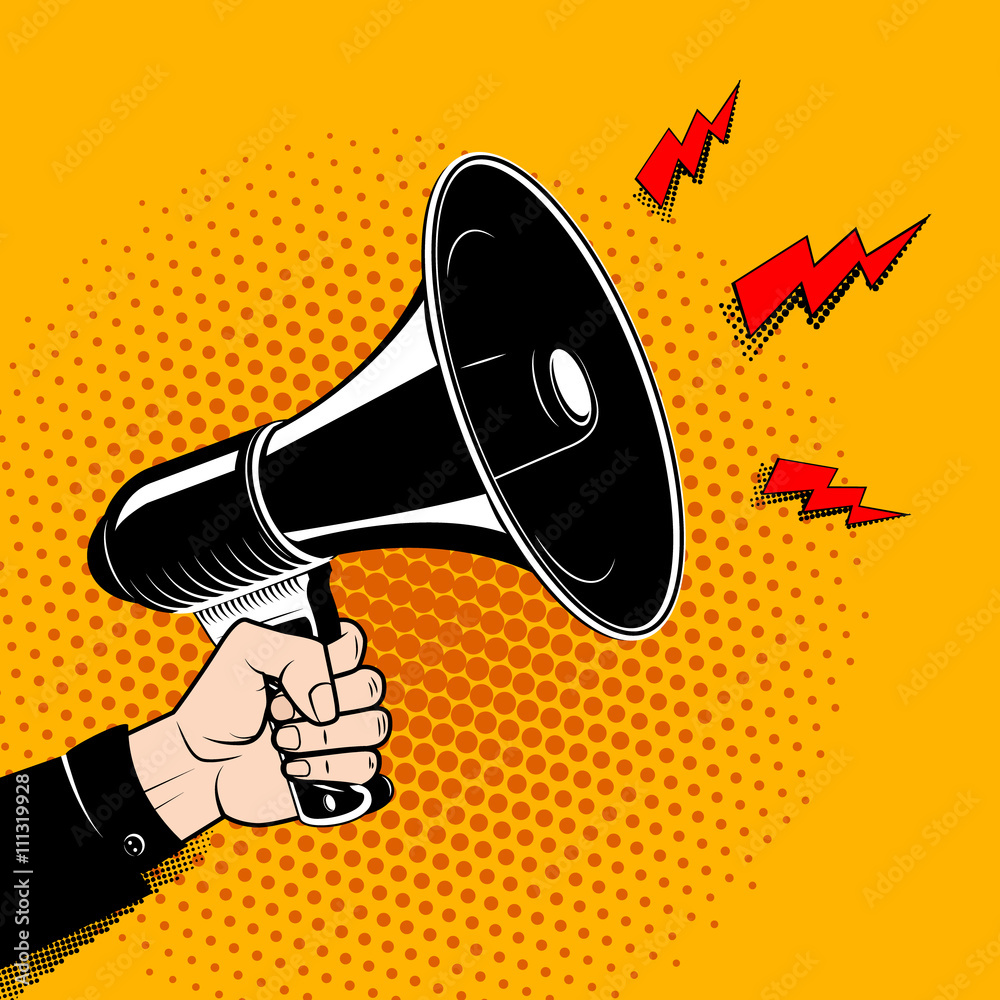 Hand with megaphone in pop art style. Comic style bullhorn. Desi Stock ...
