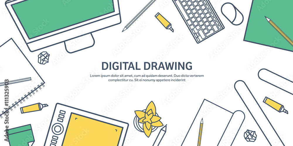 Lined, ouline flat graphic web design. Drawing and painting ...