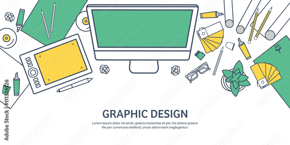 Lined, ouline flat graphic web design. Drawing and painting ...
