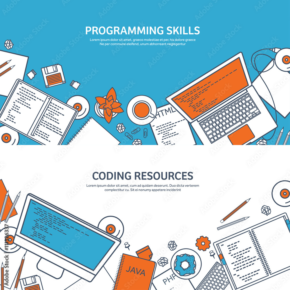 Vecteur Stock Lined programming,coding. Outline Flat computing background. Code, hardware ...