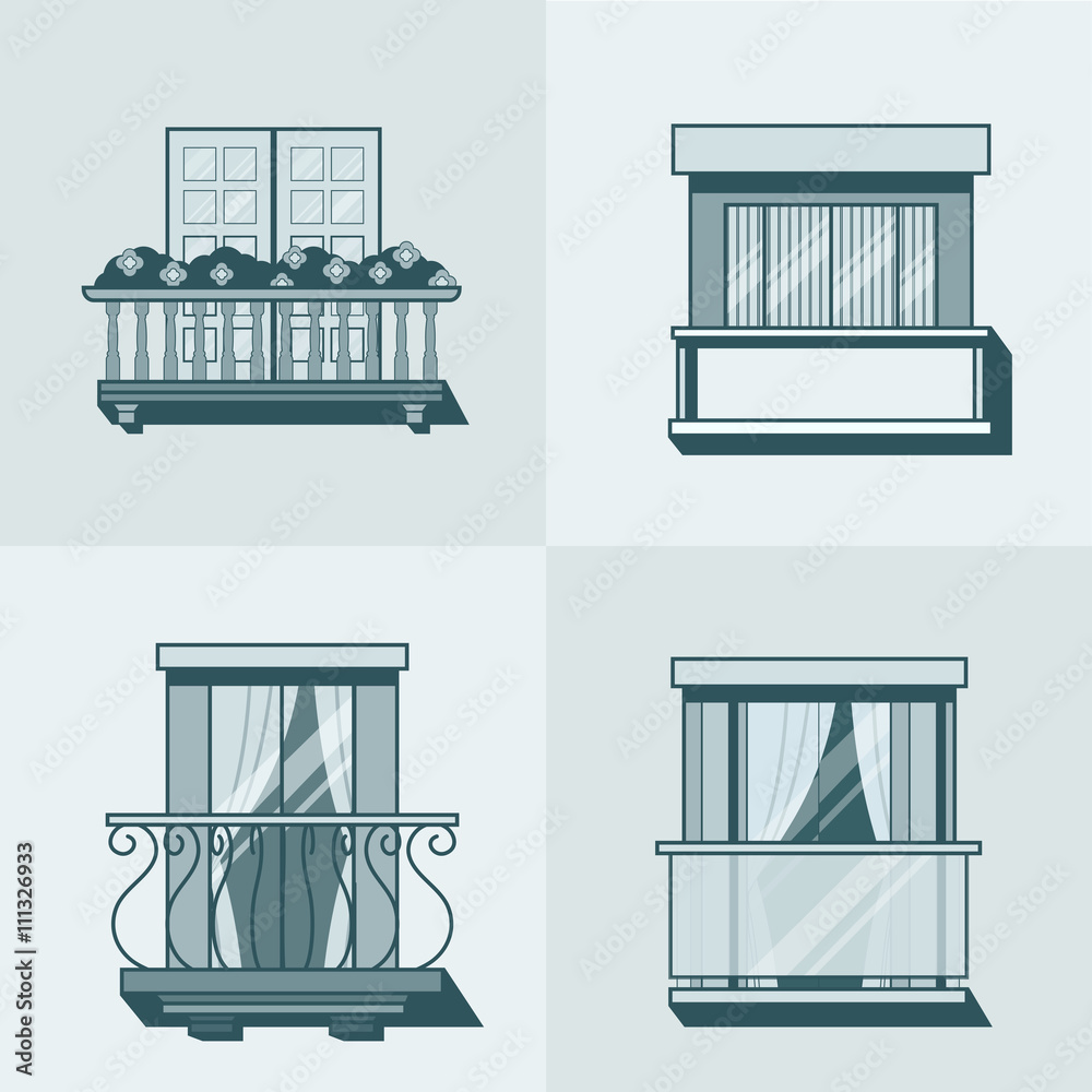 Balcony linear outline architecture building element set. Linear stroke ...