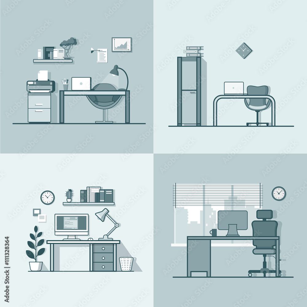 Office room workplace table chair interior indoor set. Linear stroke ...