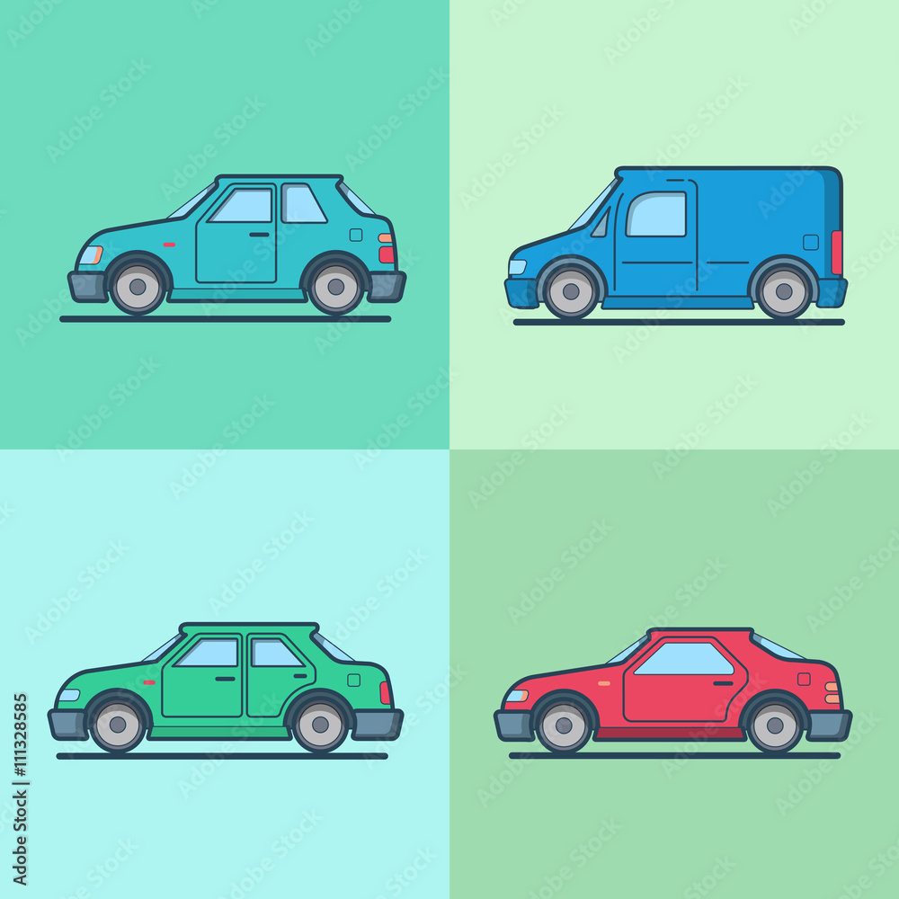 Motor passenger car van sportscar sedan hatchback road transport set ...