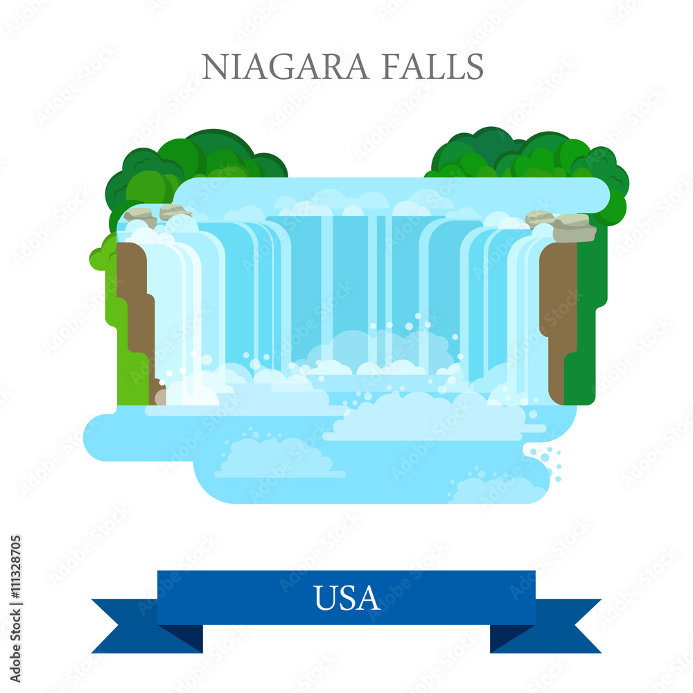 Niagara Falls in United States / Canada. Flat cartoon style historic ...