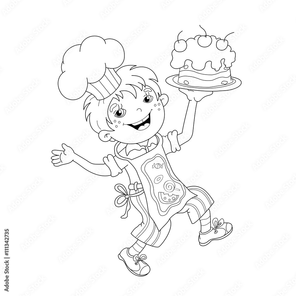 Coloring Page Outline Of cartoon Boy chef with cake Stock Vector ...