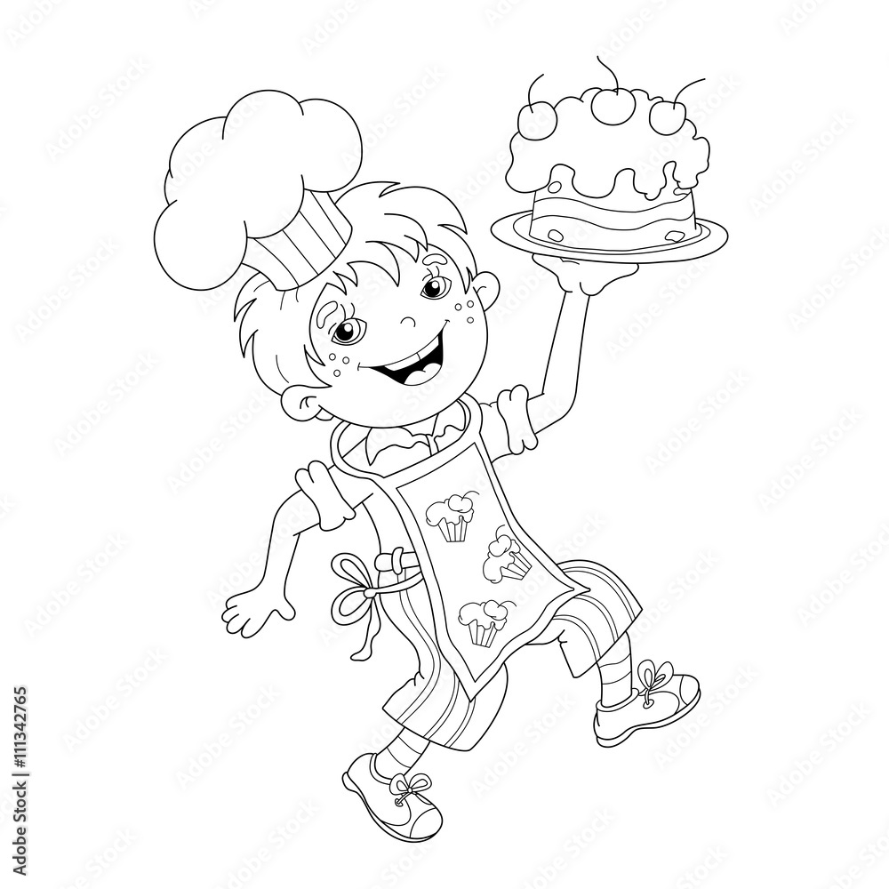 Coloring Page Outline Of cartoon Boy chef with cake Stock Vector ...