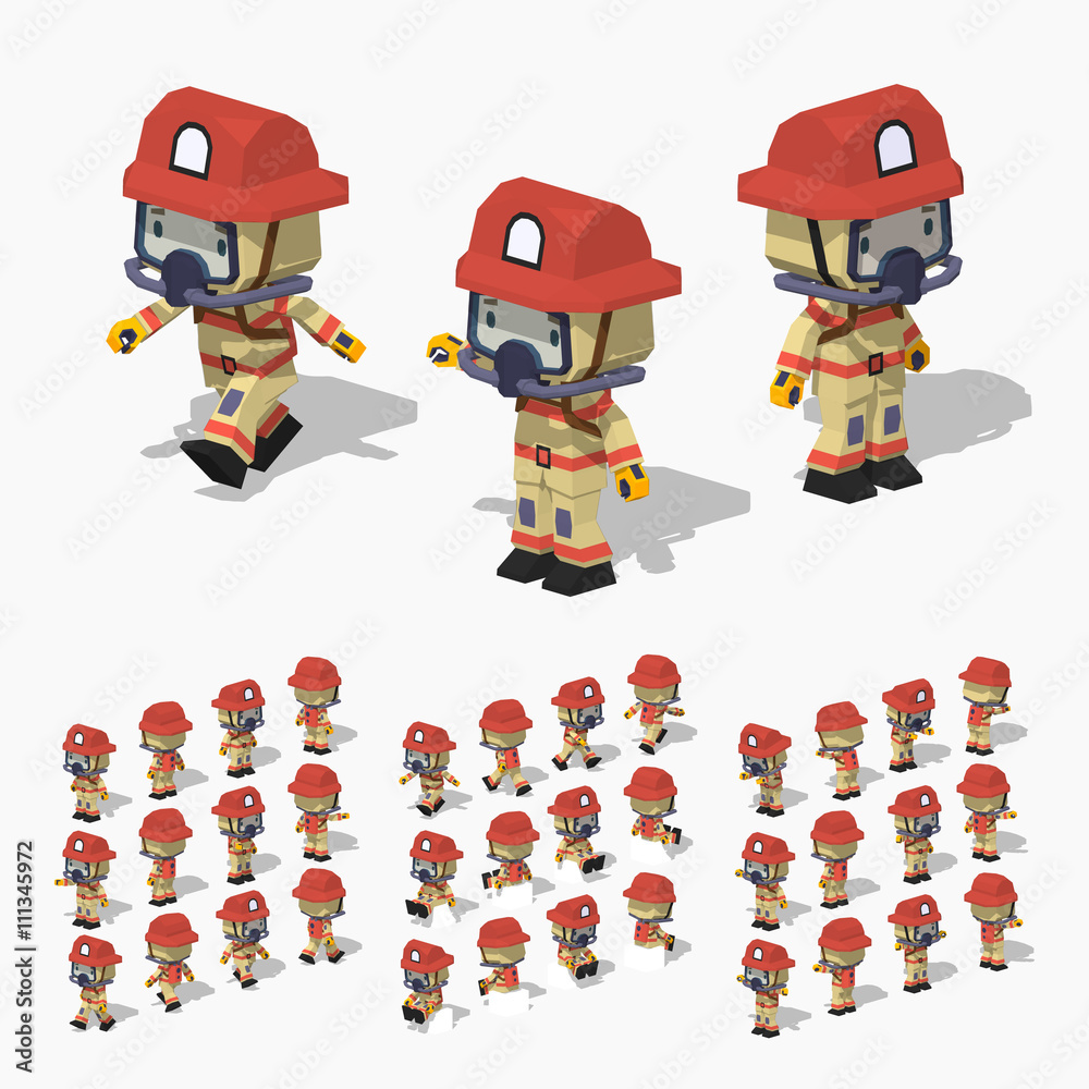 Firefighter. 3D lowpoly isometric vector illustration. The set of ...