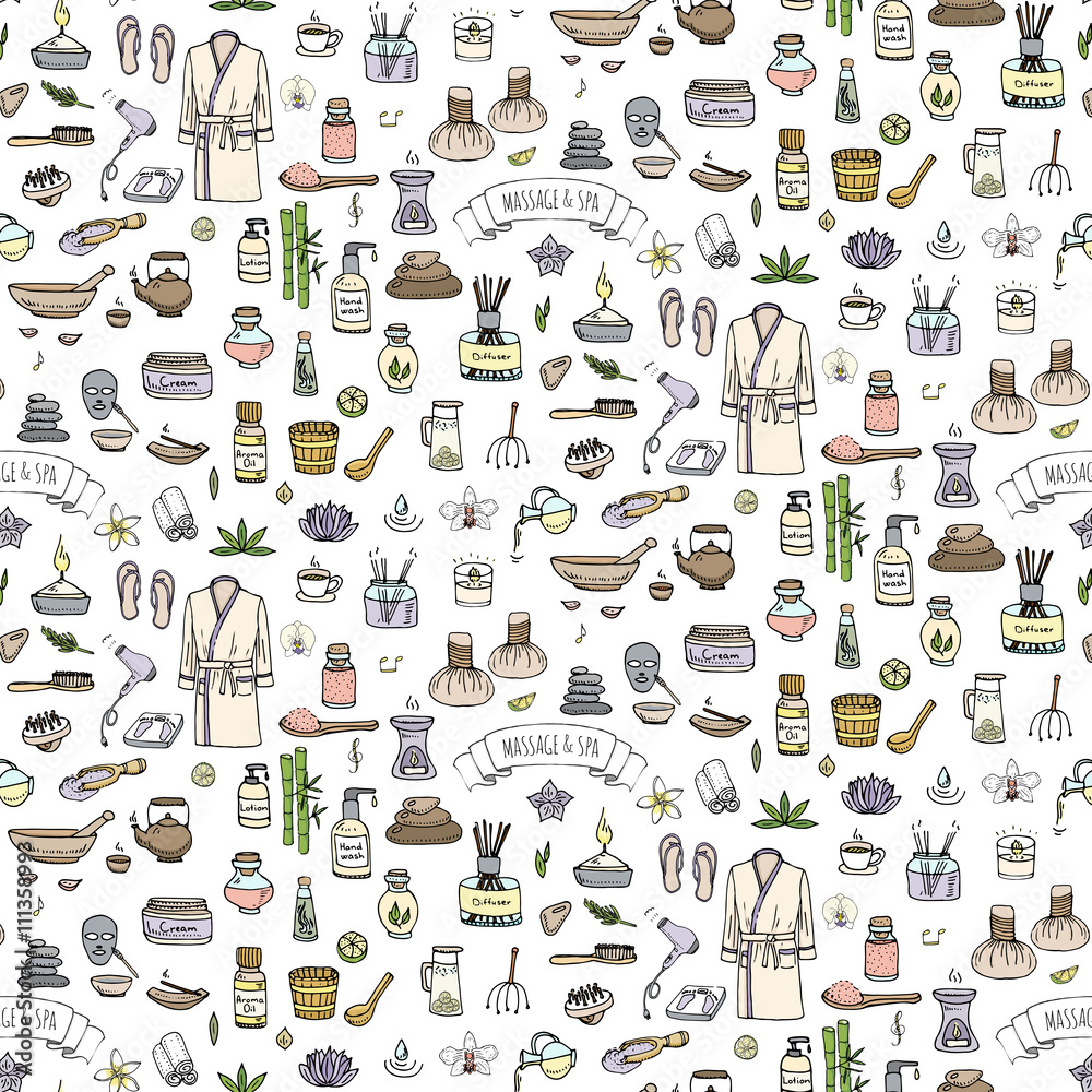 Seamless Background Hand Drawn Doodle Massage And Spa Icons Set Vector