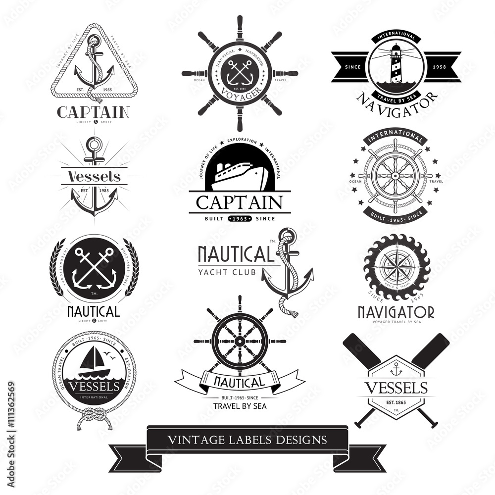 Nautical vessels vintage labels, icons and design elements. Stock ...