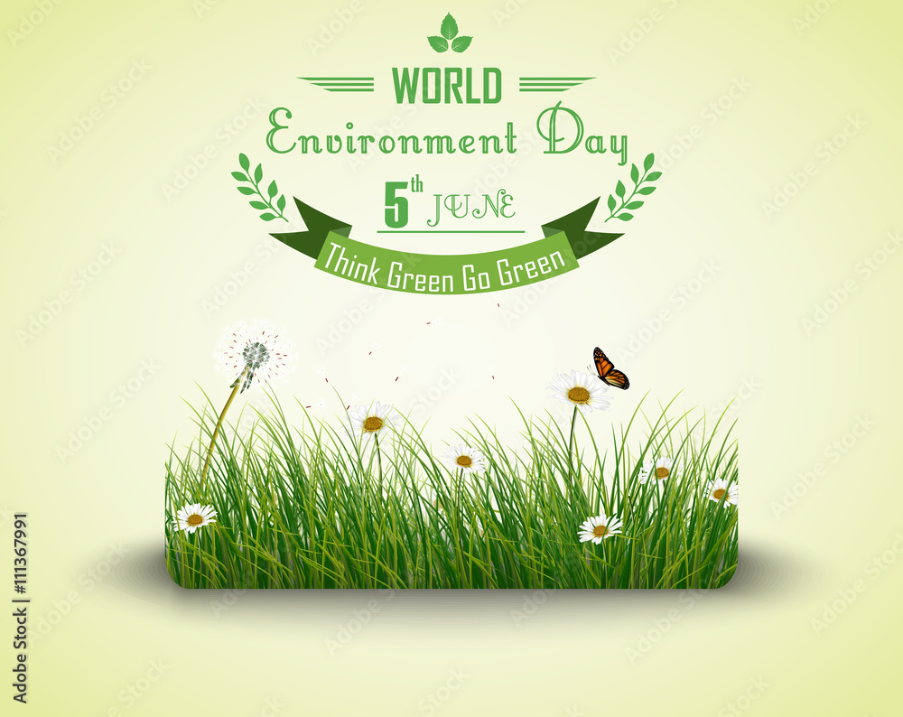 Green grass with flowers and butterflies isolated background for world ...