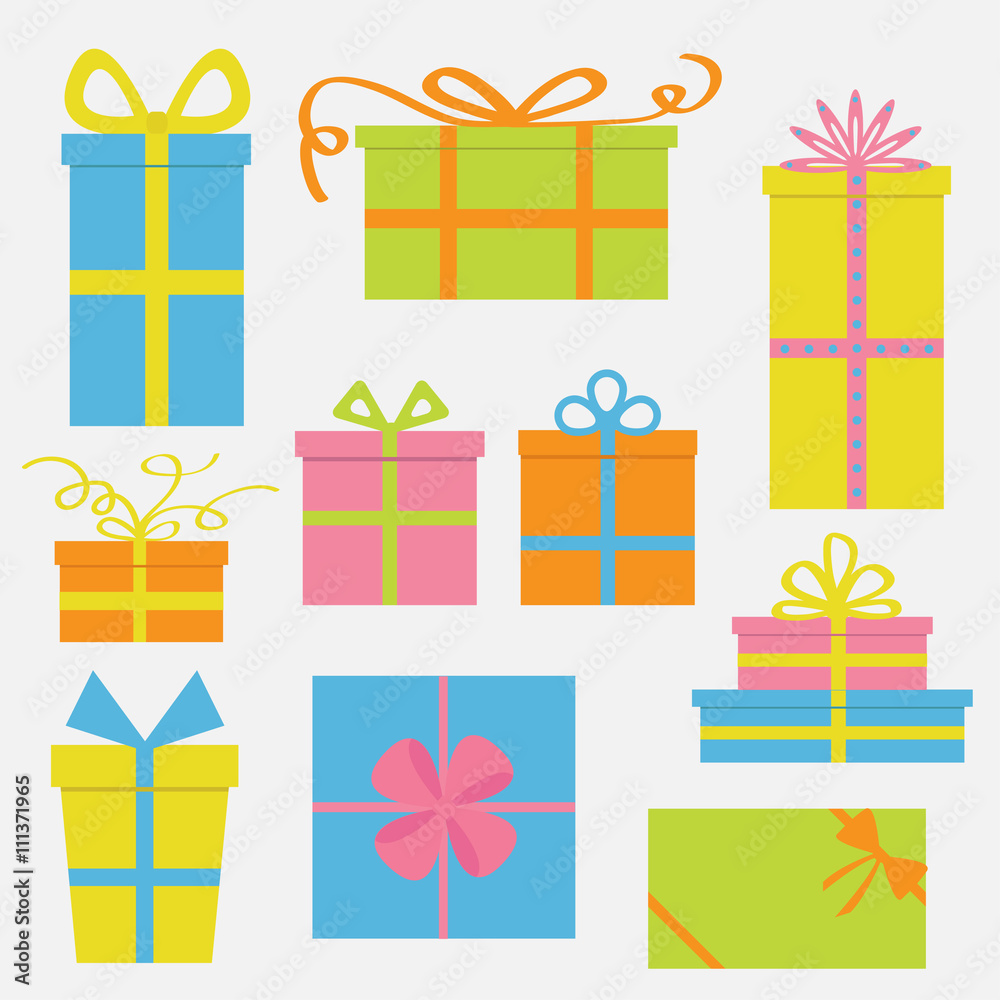 Gift box icon set. Colorful cartoon collection. Isolated. White ...