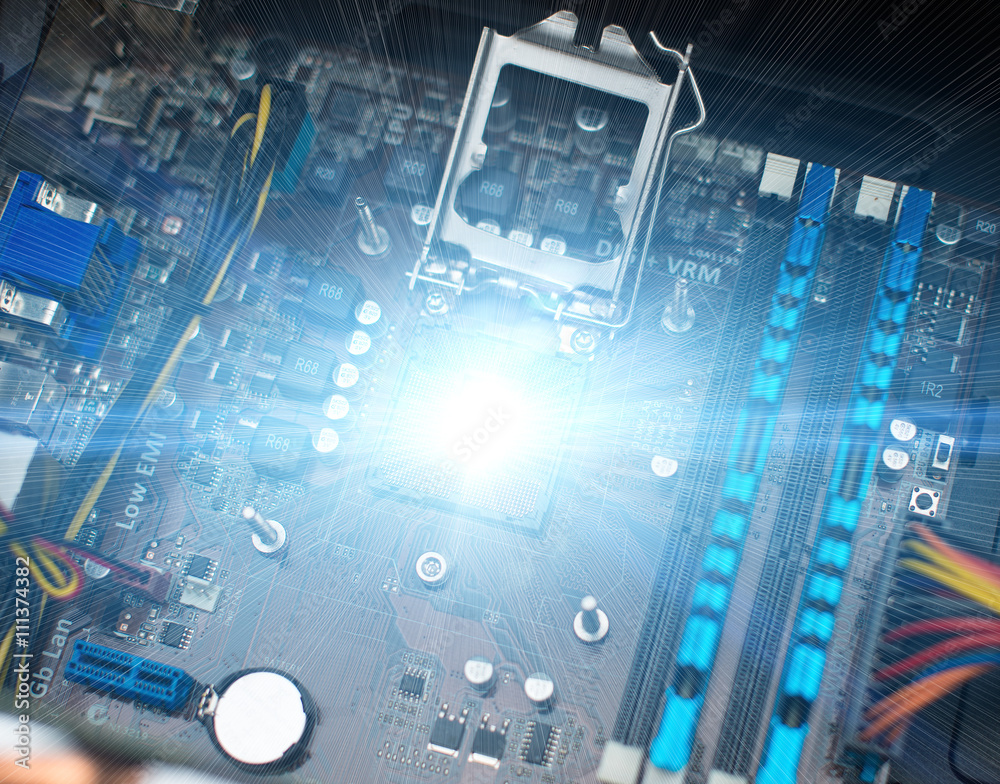 Inside of pc. Motherboard, CPU socket and RAM memory. Stock Photo ...