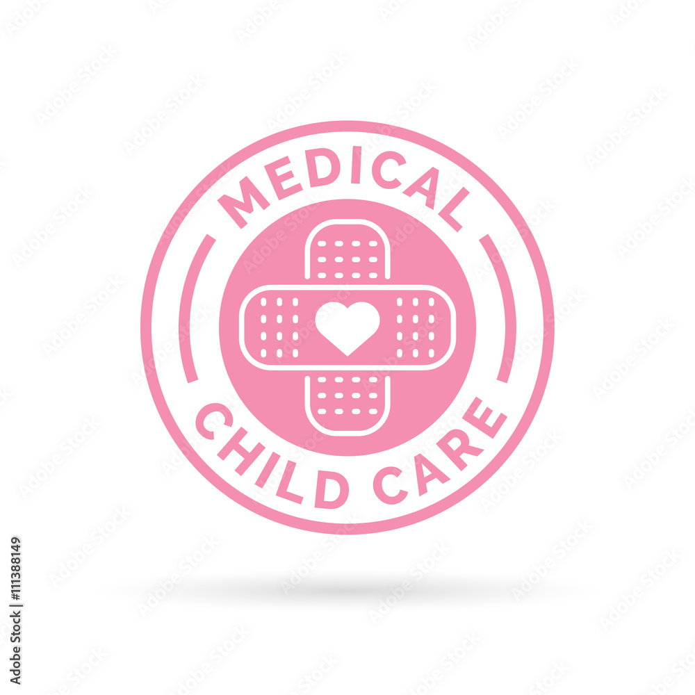 Medical child care badge symbol with pink heart and plaster icon ...