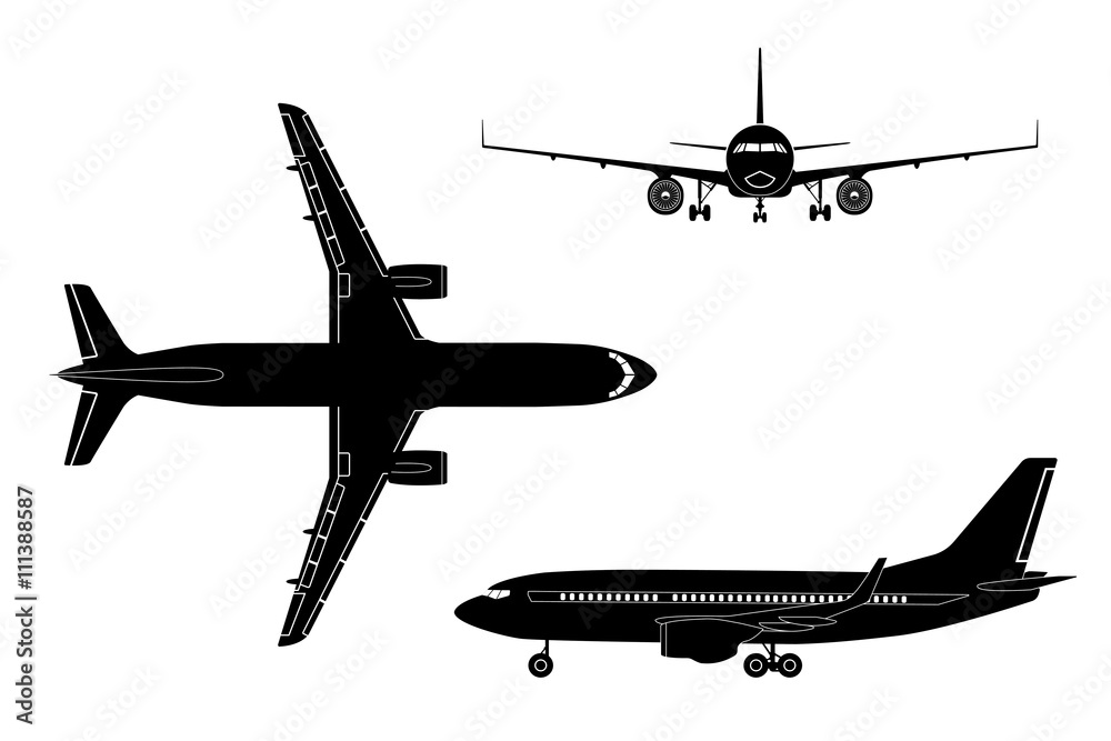 Black airplane silhouette on a white background. Top view, front Stock ...