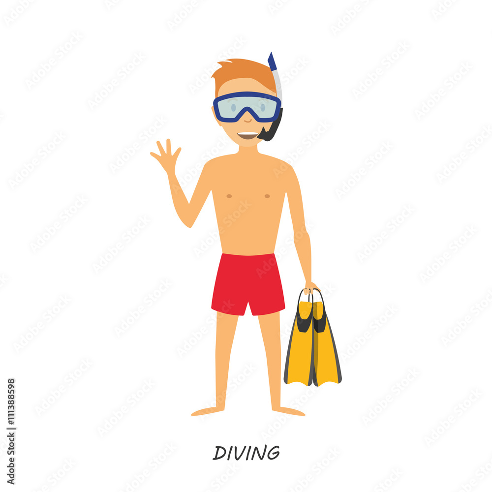 Figure diver in cartoon style on white background. Summer rest. Stock ...