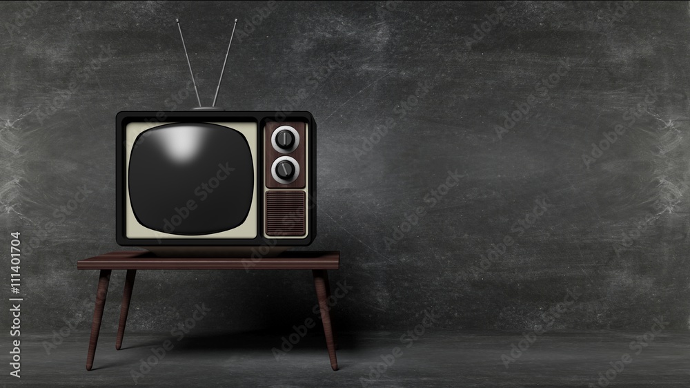 Antique TV set on table with blackboard background. 3D rendering Stock ...