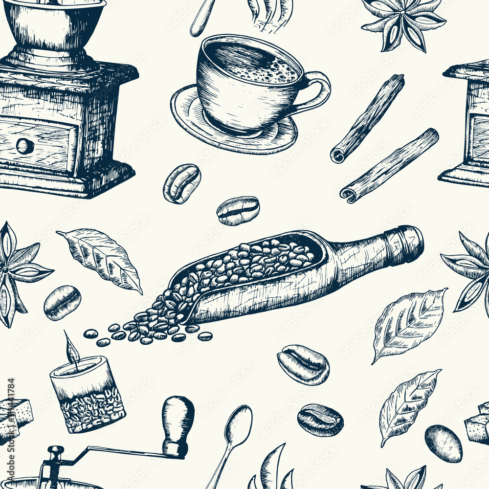Coffee elements. Background seamless pattern. Can be used in your own ...