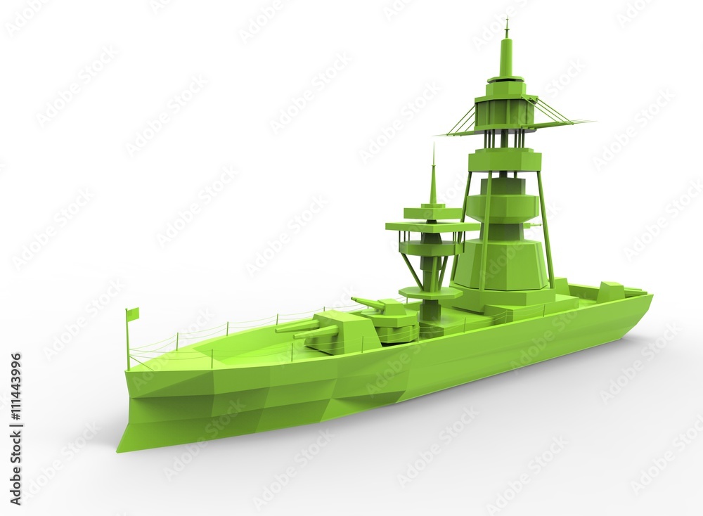 3d illustration of simple war ship. low poly triangles and polygons ...