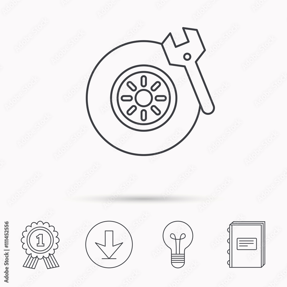 Tire service icon. Wheel and wrench key sign. Stock Vector | Adobe Stock