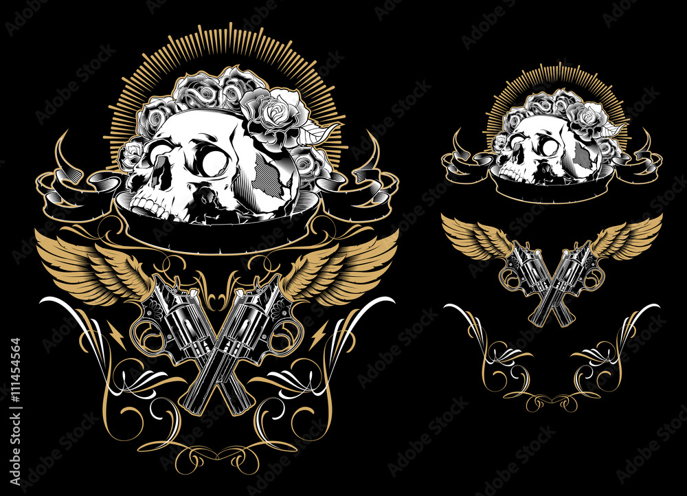 Skull with guns and roses Stock Vector | Adobe Stock