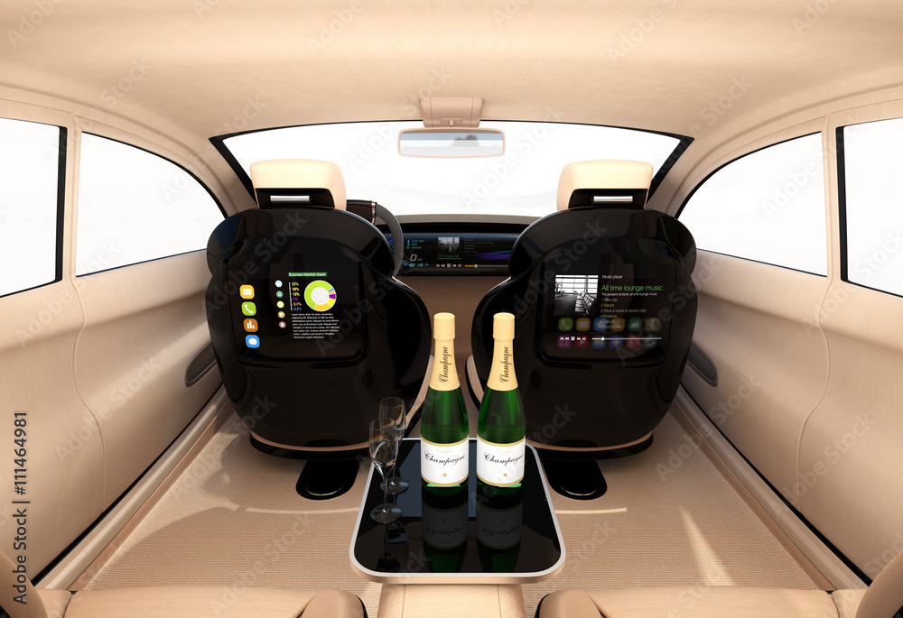 Autonomous car interior concept. Luxury interior serve cool drink ...